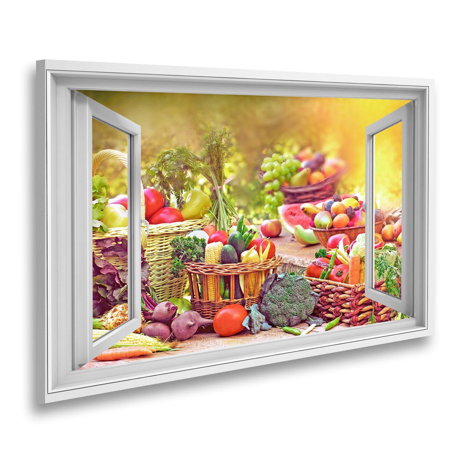 islandburner Leinwandbild Fensterblick Frisches Bio Obst und Gemüse Sagenhafter Effekt Wandbild