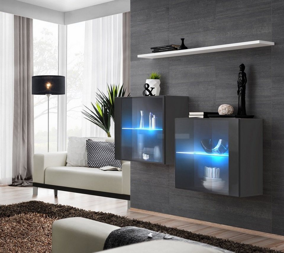 Jvmoebel Wohnwand Luxus Wohnwand Möbel Wohnzimmer Holz Hänge Vitrine