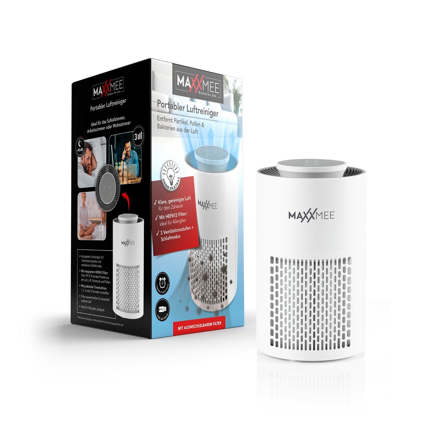 MAXXMEE Luftreiniger portabler Luftreiniger HEPA13 Filter weiß