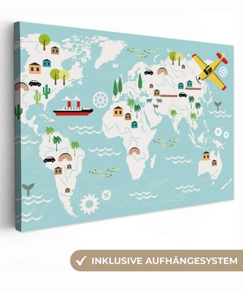 Onemillioncanvasses® Leinwandbild Weltkarte Kinder Flugzeug Boot