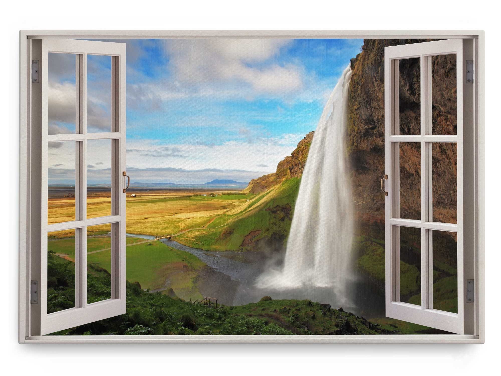 Sinus Art Leinwandbild Wandbild 120x80cm Fensterbild Wasserfall Island Natur Landschaft Grün, (1 St)
