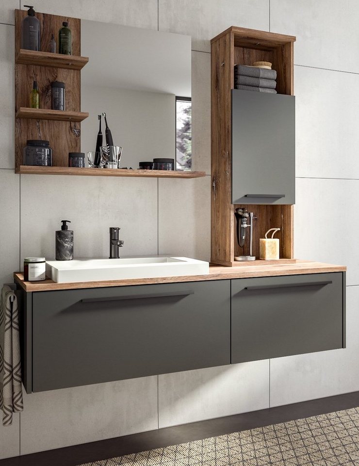 Furndesign Badmöbel Set Ramon Badezimmer In Grau Mit Eiche 4 St