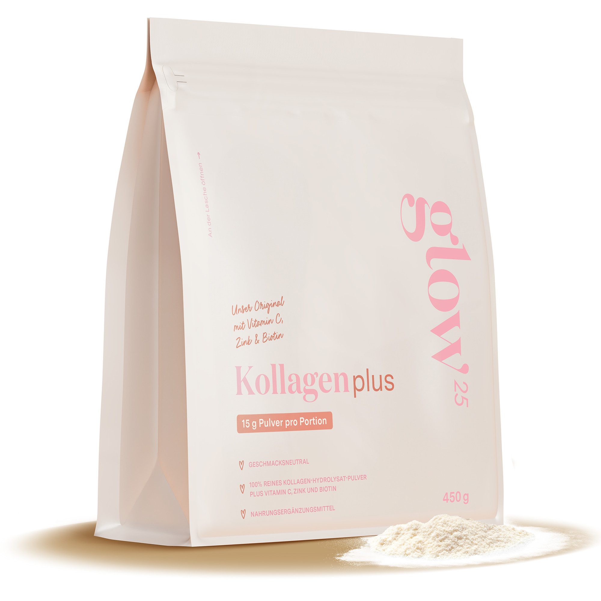 Glow25 Collagen Plus [450g] - mit Biotin, Zink und Vitamin C Pulver, 450 g