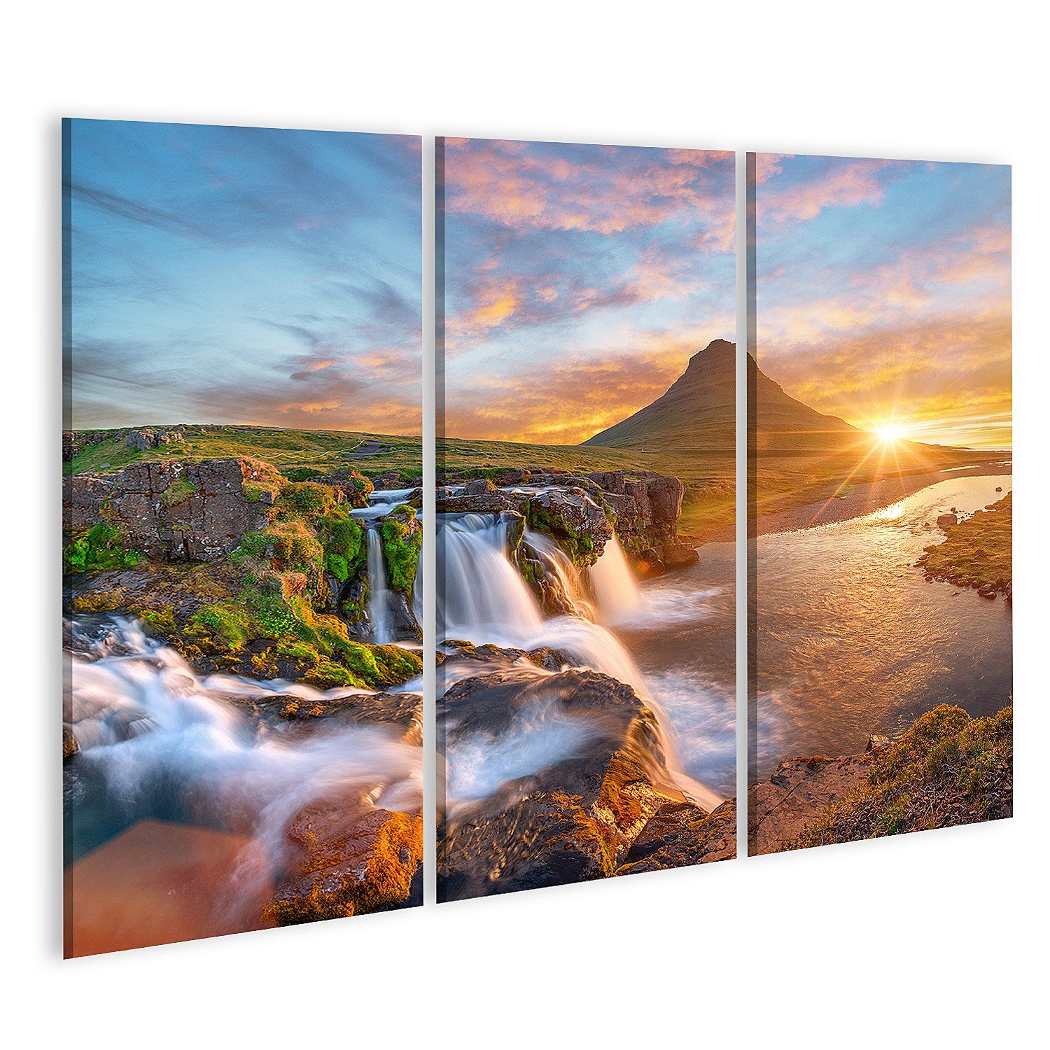 islandburner Leinwandbild Bild auf Leinwand Schöne Landschaft Sonnenaufgang Kirkjufellsfoss ...