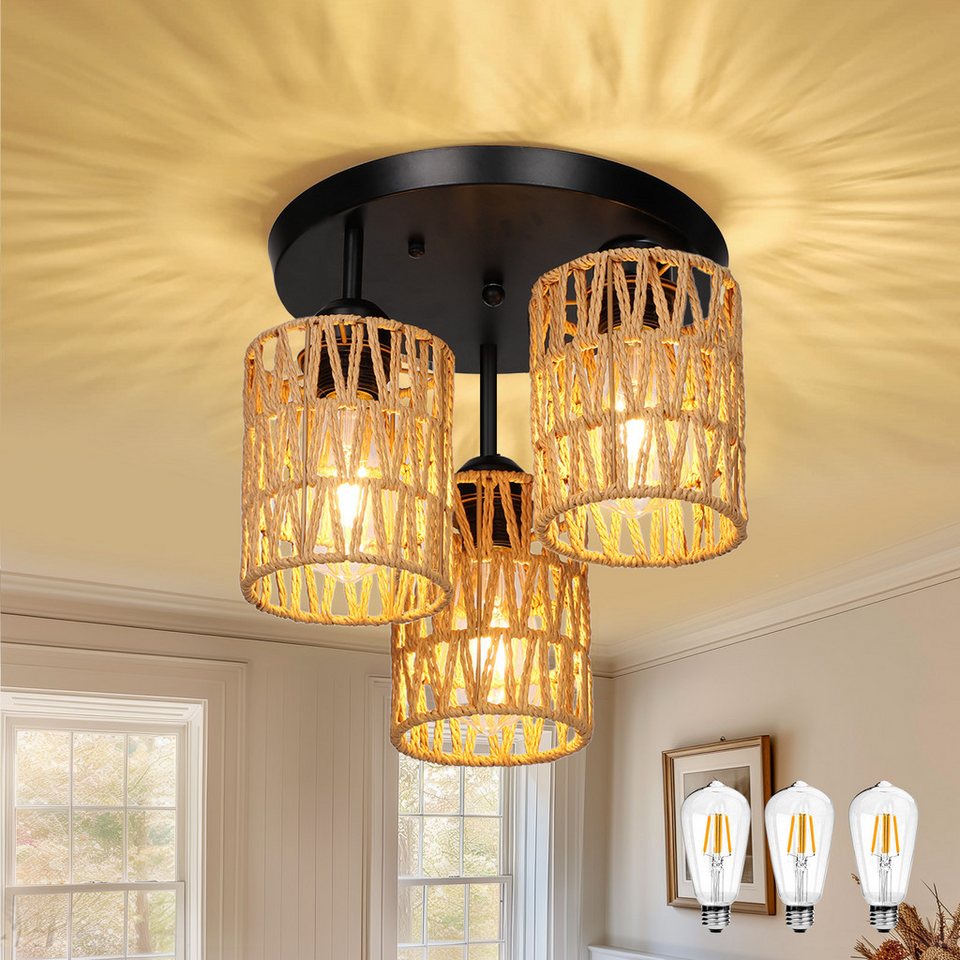 Sunicol Led Deckenleuchte Rattan 3 Flammig Boho Lampe Decke Mit 3