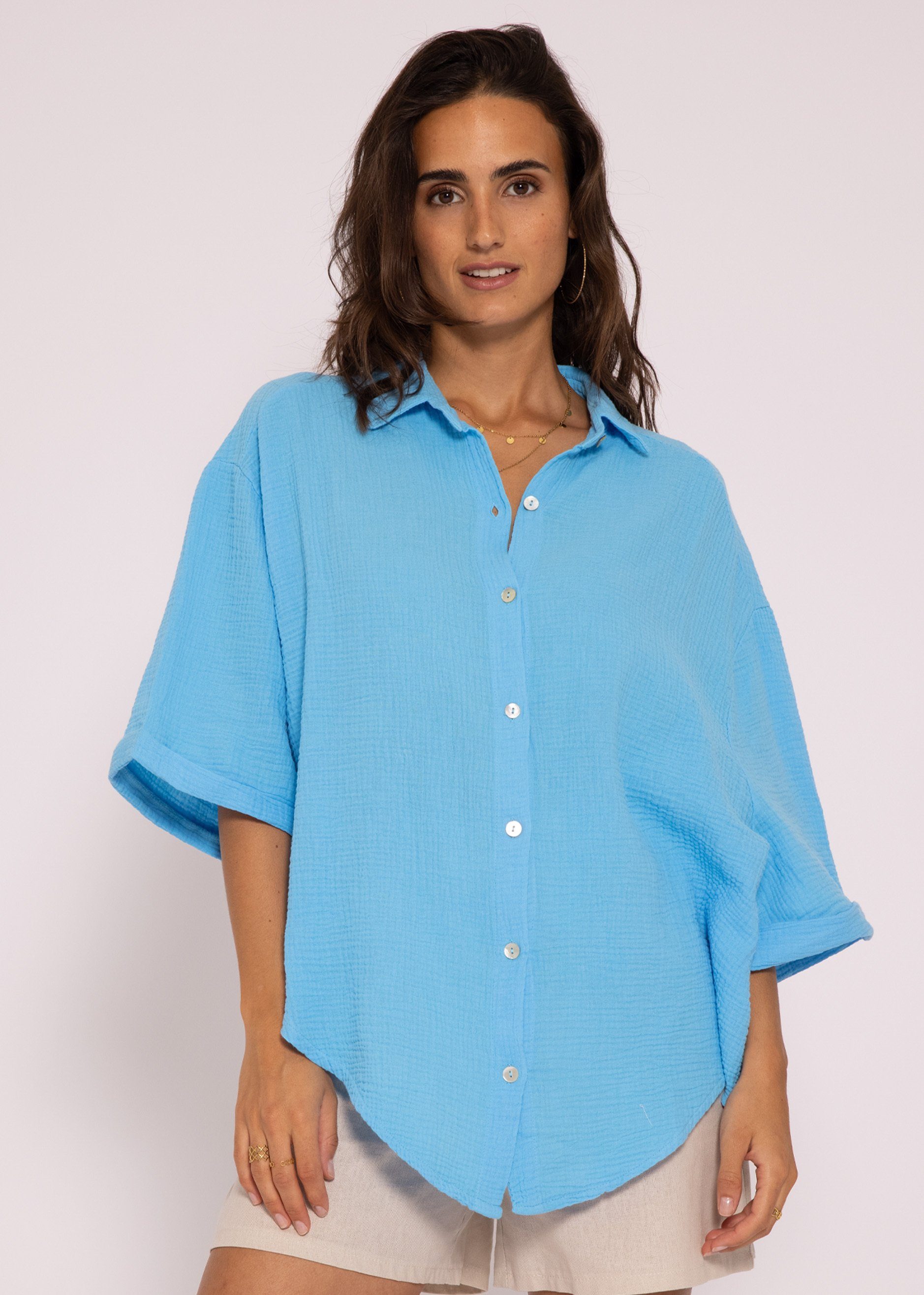 SASSYCLASSY Kurzarmbluse Oversize Musselin Bluse Damen kurzarm Shirt ...