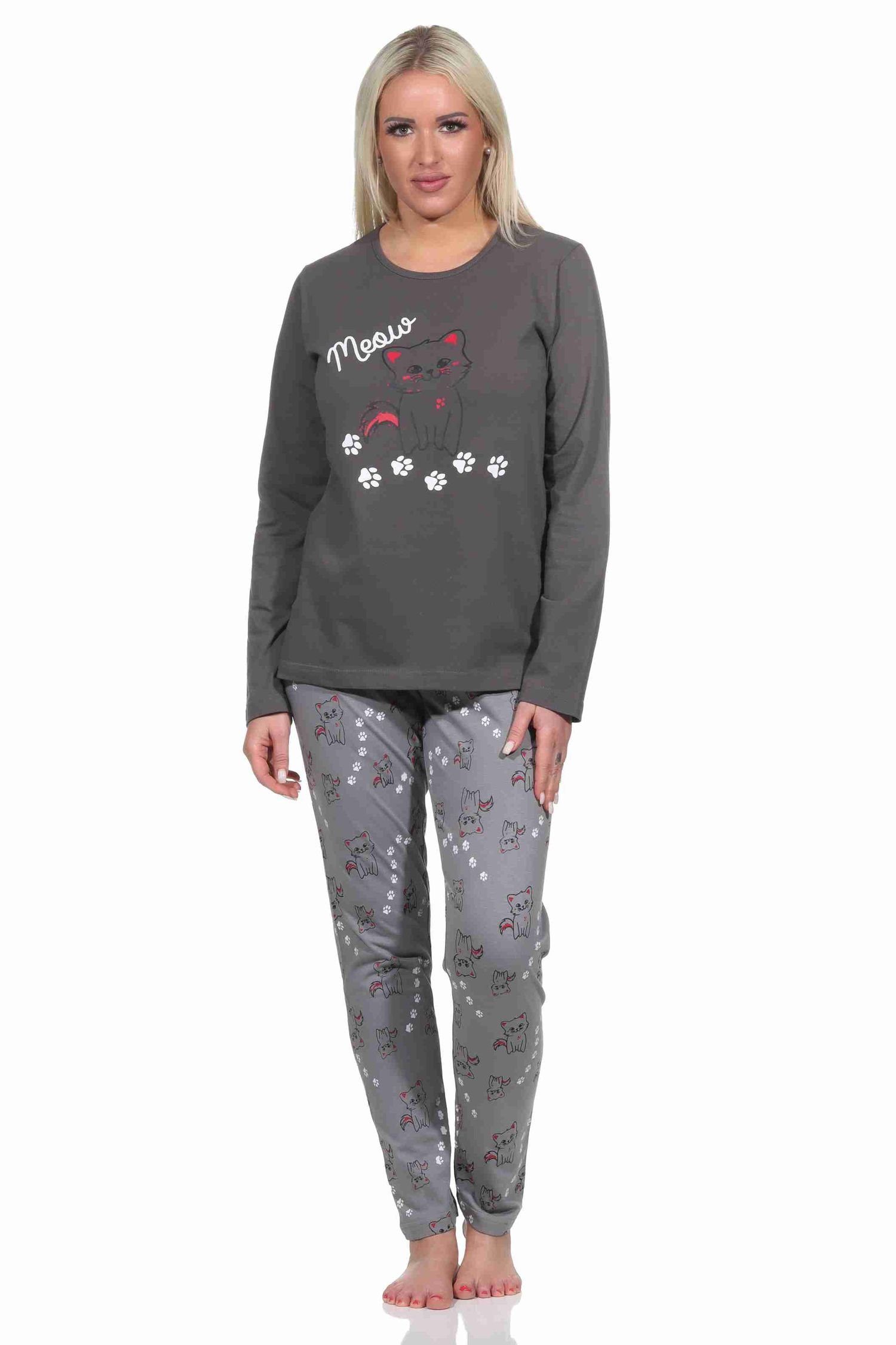 Normann Pyjama Süsser Damen Schlafanzug lang Pyjama mit Katzen - Motiv