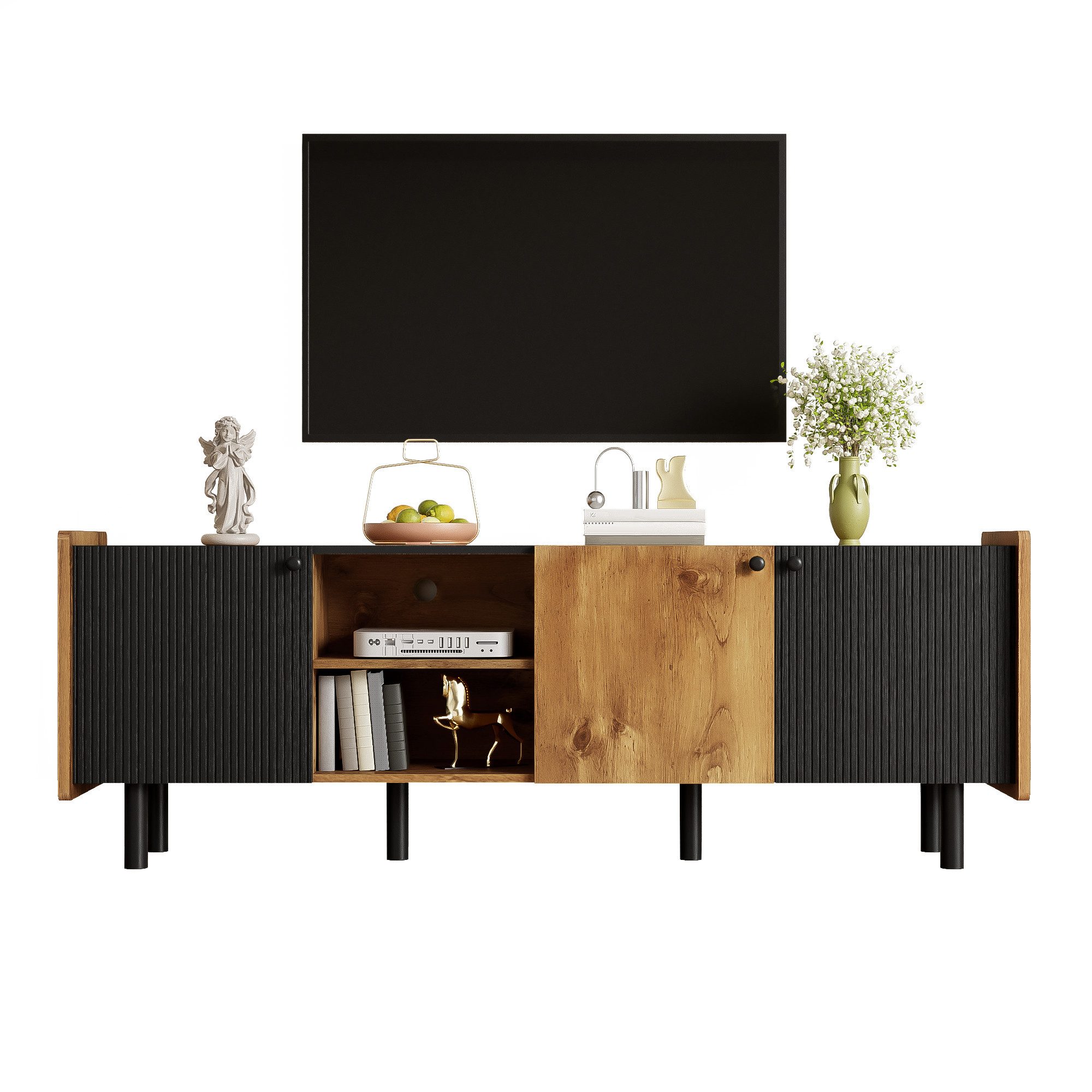 Rutaqian Tv Schrank 160 Cm Schwarzer Und Holzfarbener Tv Schrank Mit