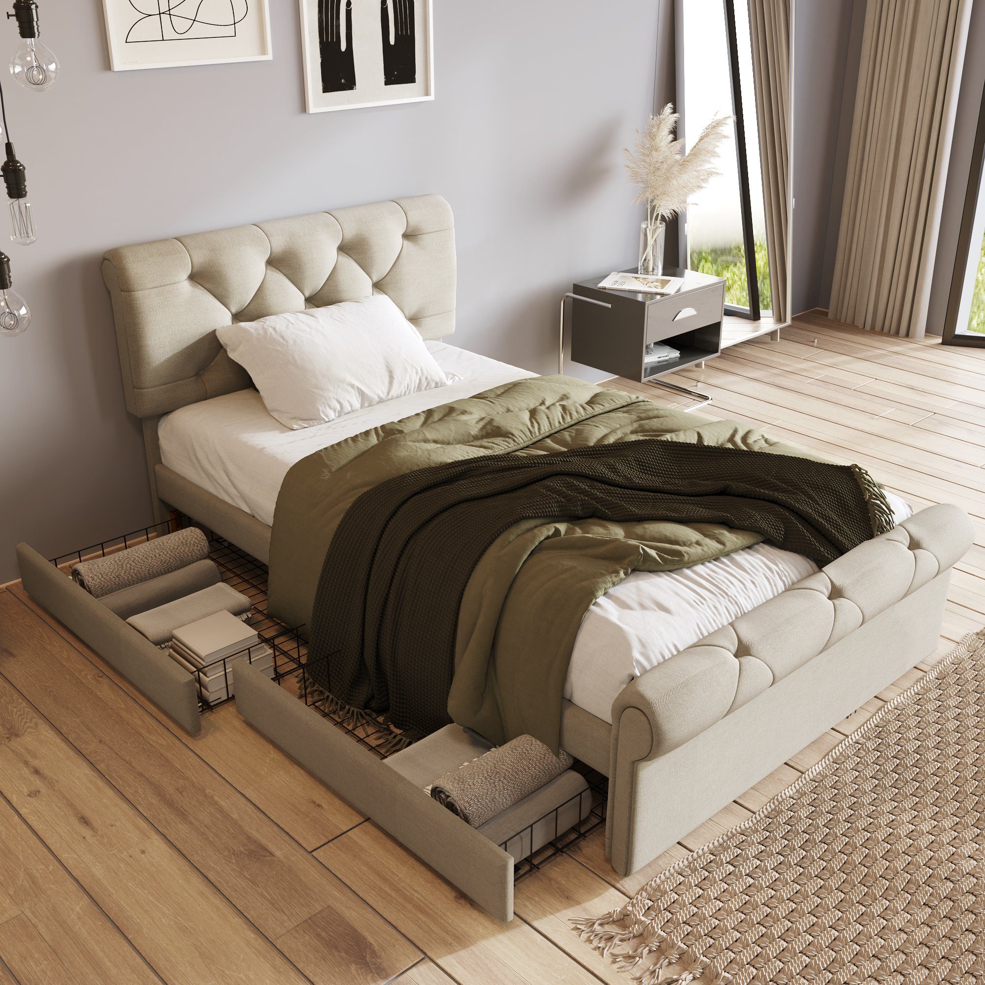 Ulife Polsterbett Beige Einzelbett Mit Schubladen Höhenverstellbarem