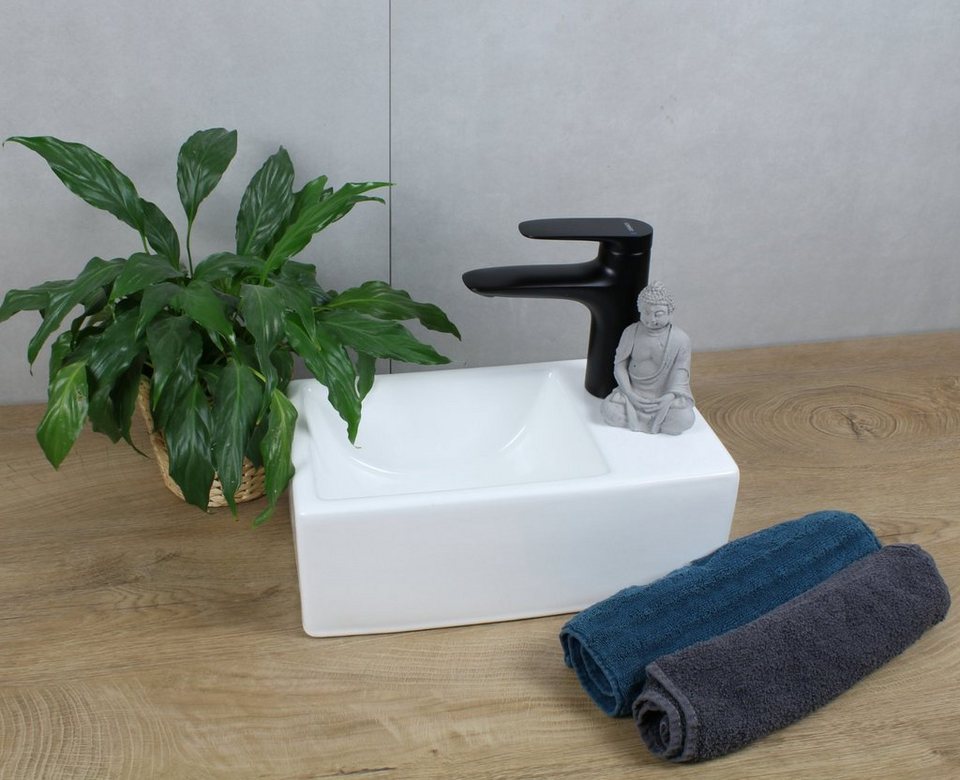 Hago Aufsatzwaschbecken Keramik Waschbecken Eckig 350x205x125 Weiß Ohne