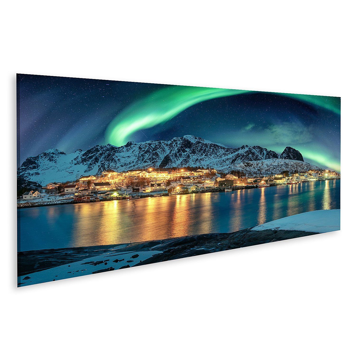 islandburner Leinwandbild Bild auf Leinwand Aurora Borealis über Fischerdorf Beleuchtung Küstenl