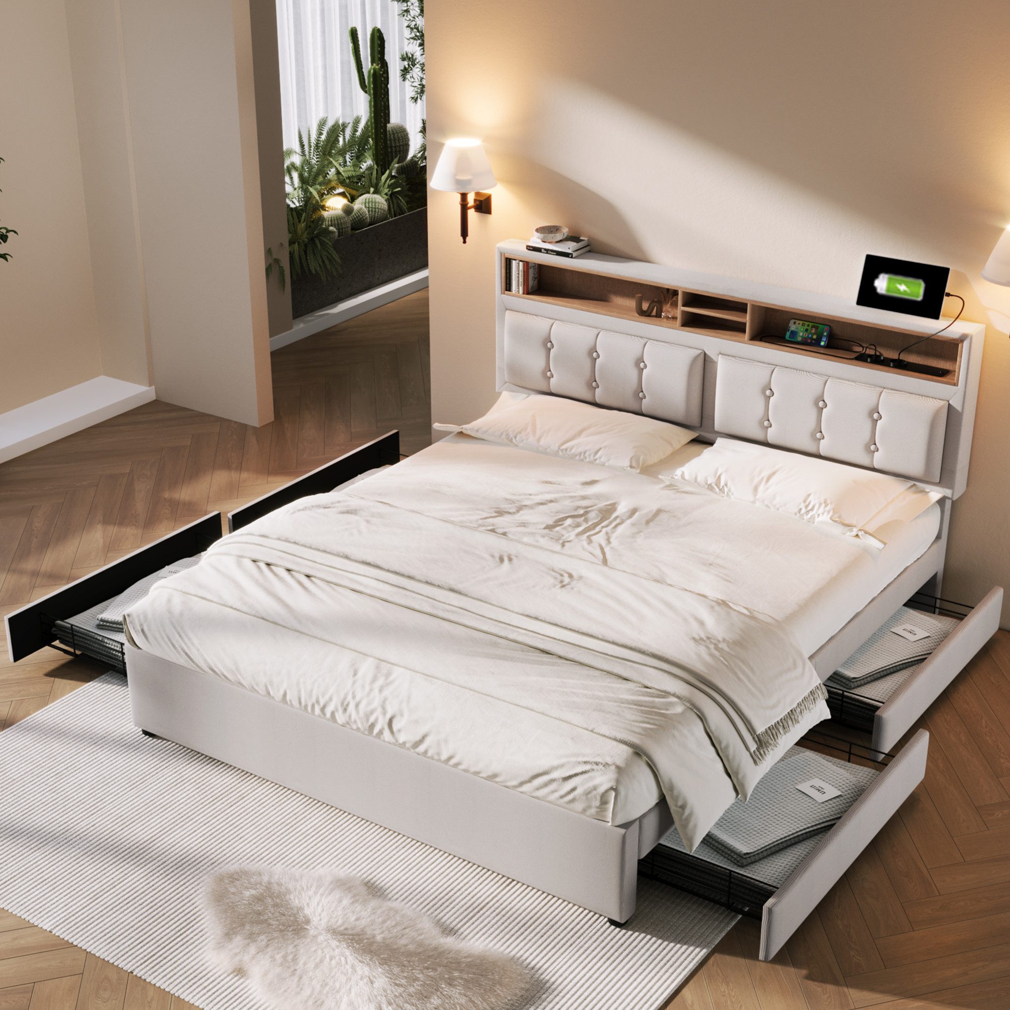 Modfu Polsterbett Doppelbett Mit Usbtyp C Ladefunktion 4 Schubladen