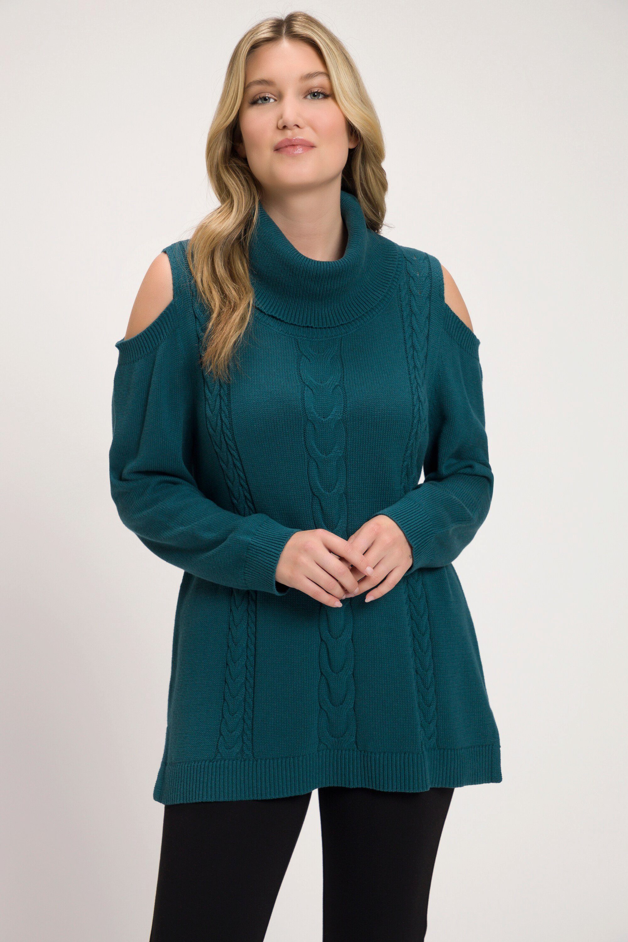 Ulla Popken Strickpullover Pullover Zopfmuster Rollkragen Cut Outs Langarm