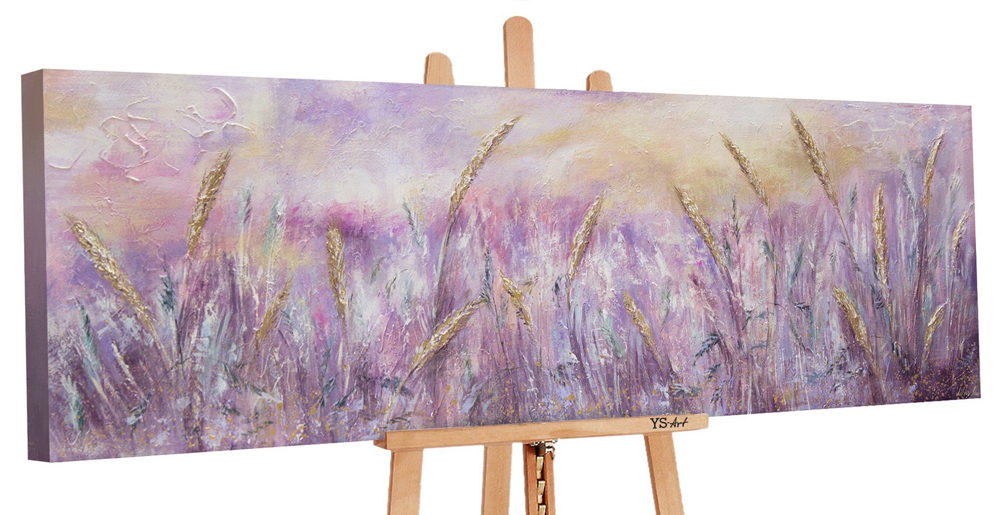 YS-Art Gemälde Morgentau, Blumen, Leinwand Bild Handgemalt Ährchen Feld Gold Lila