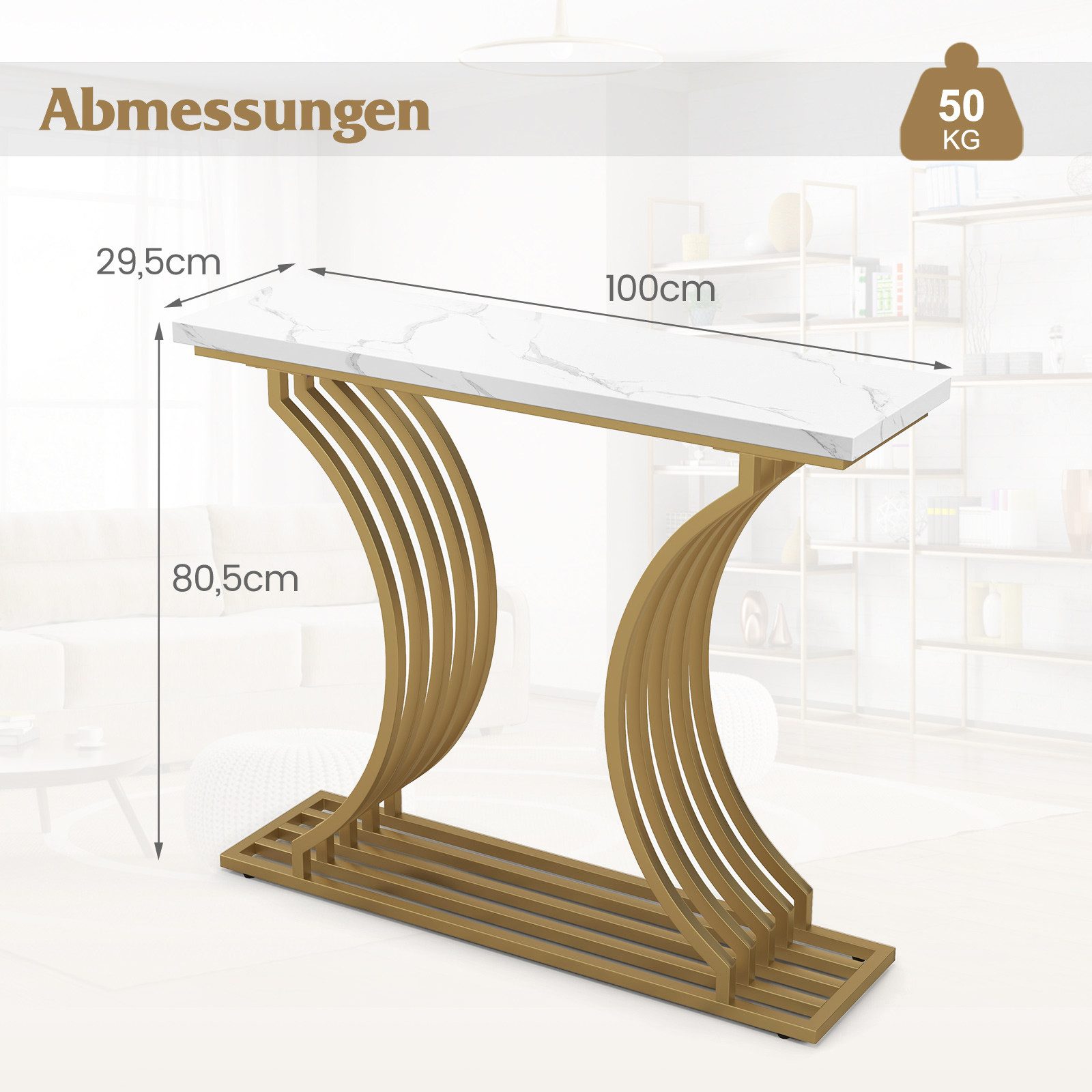 COSTWAY Konsolentisch, Gold, schmaler Flurtisch, marmor, mit Metallbeinen