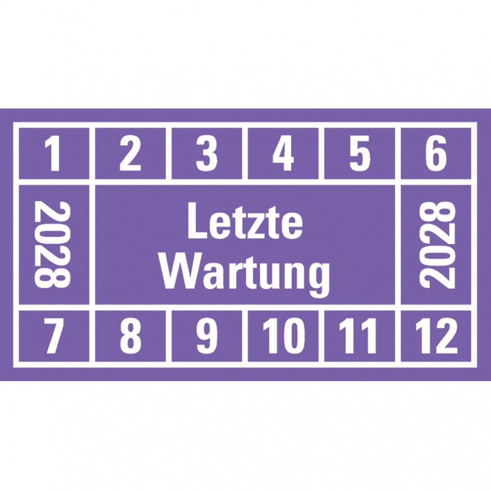 Dreifke Hinweisschild Prüfplakette Letzte Wartung 2028, violett, Dokumentenfolie, 45x25mm, 1
