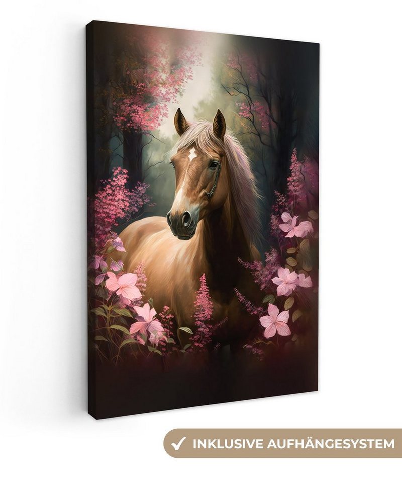 Onemillioncanvasses® Leinwandbild Pferd Blumen Rosa Natur Wald
