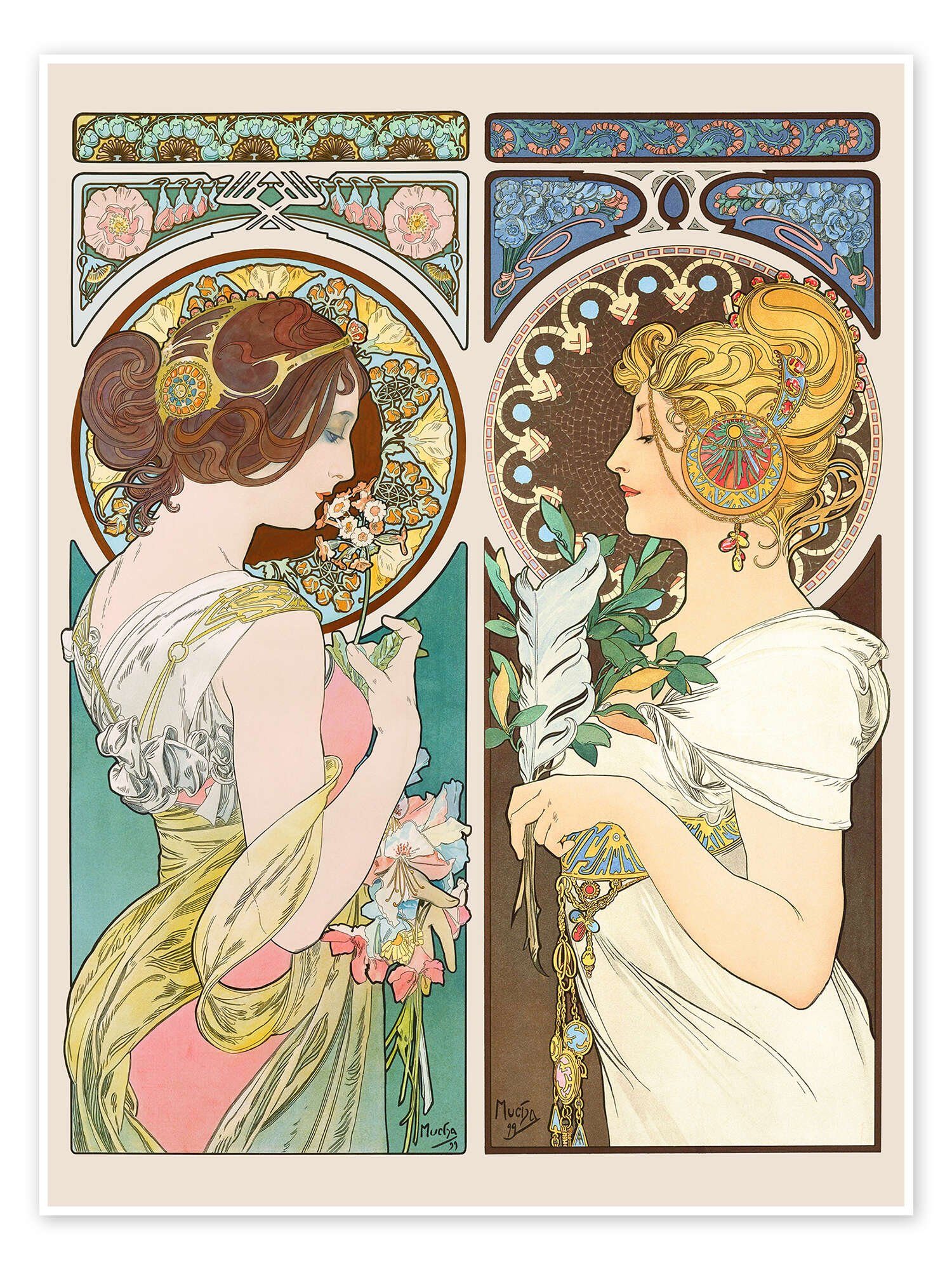 Posterlounge Poster Alfons Mucha, Schlüsselblume & Feder, Wohnzimmer Vintage Malerei