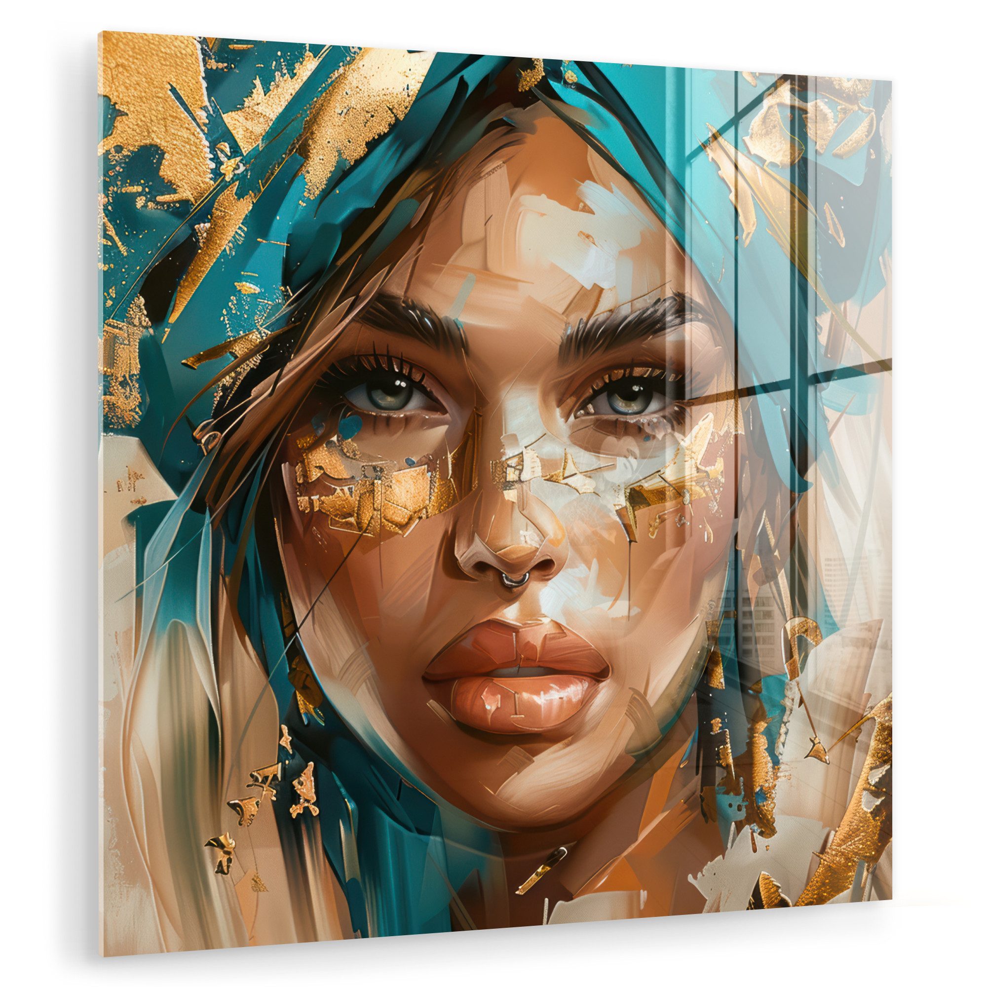 Muchowow Acrylglasbild Frau Porträt Gold Luxus Blau Inkl