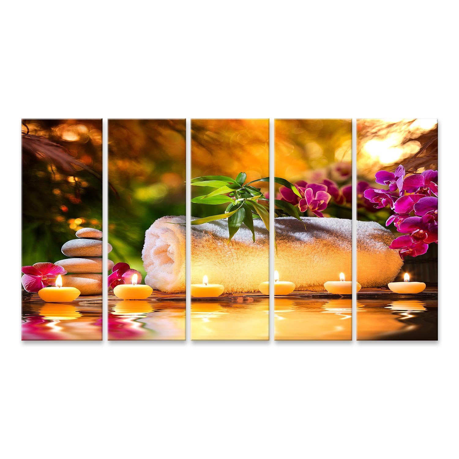 islandburner Leinwandbild Bild auf Leinwand Spa-Massage im Garten Kerzen und Wasser Wandbild Pos