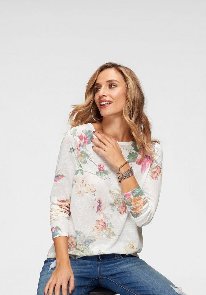 Aniston Casual Langarmshirt Mit Großflächigem Blumendruck Und Vögeln