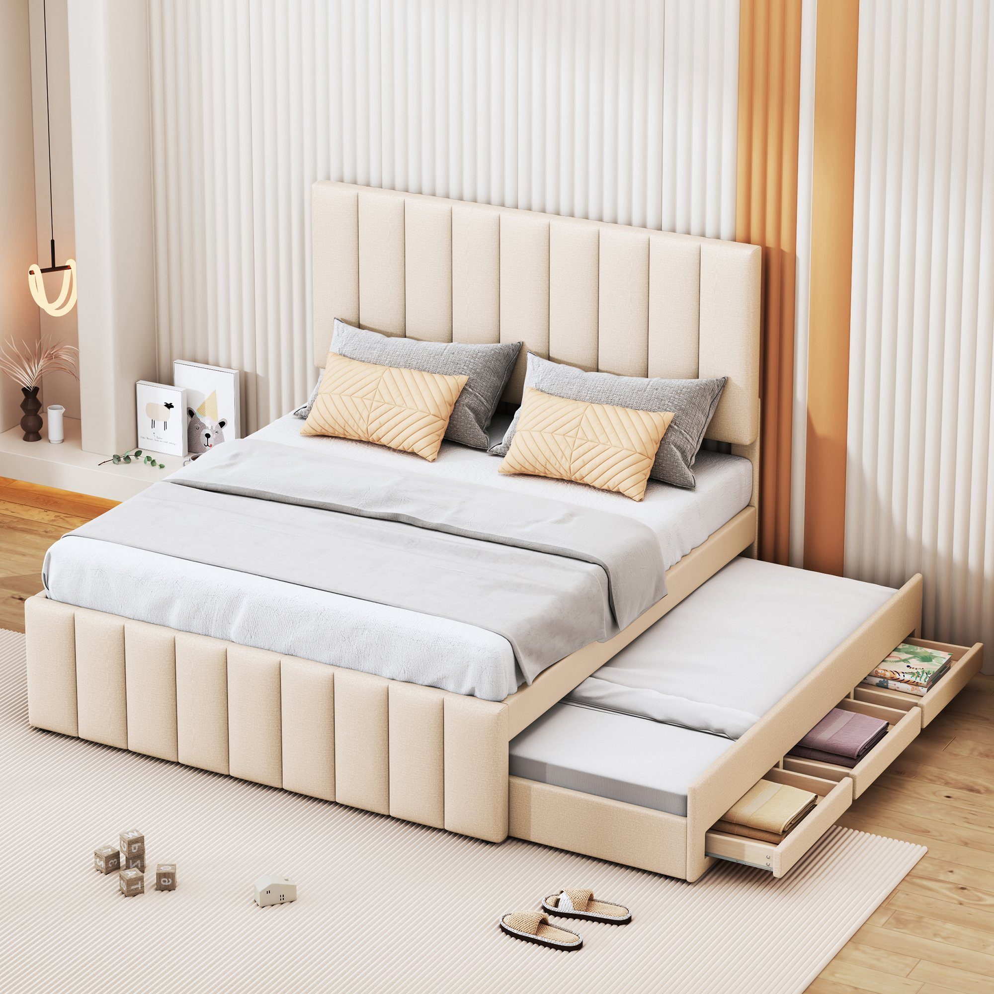 OKWISH Polsterbett mit Rollbett und Stauraumschubladen, hautfreundliche ...
