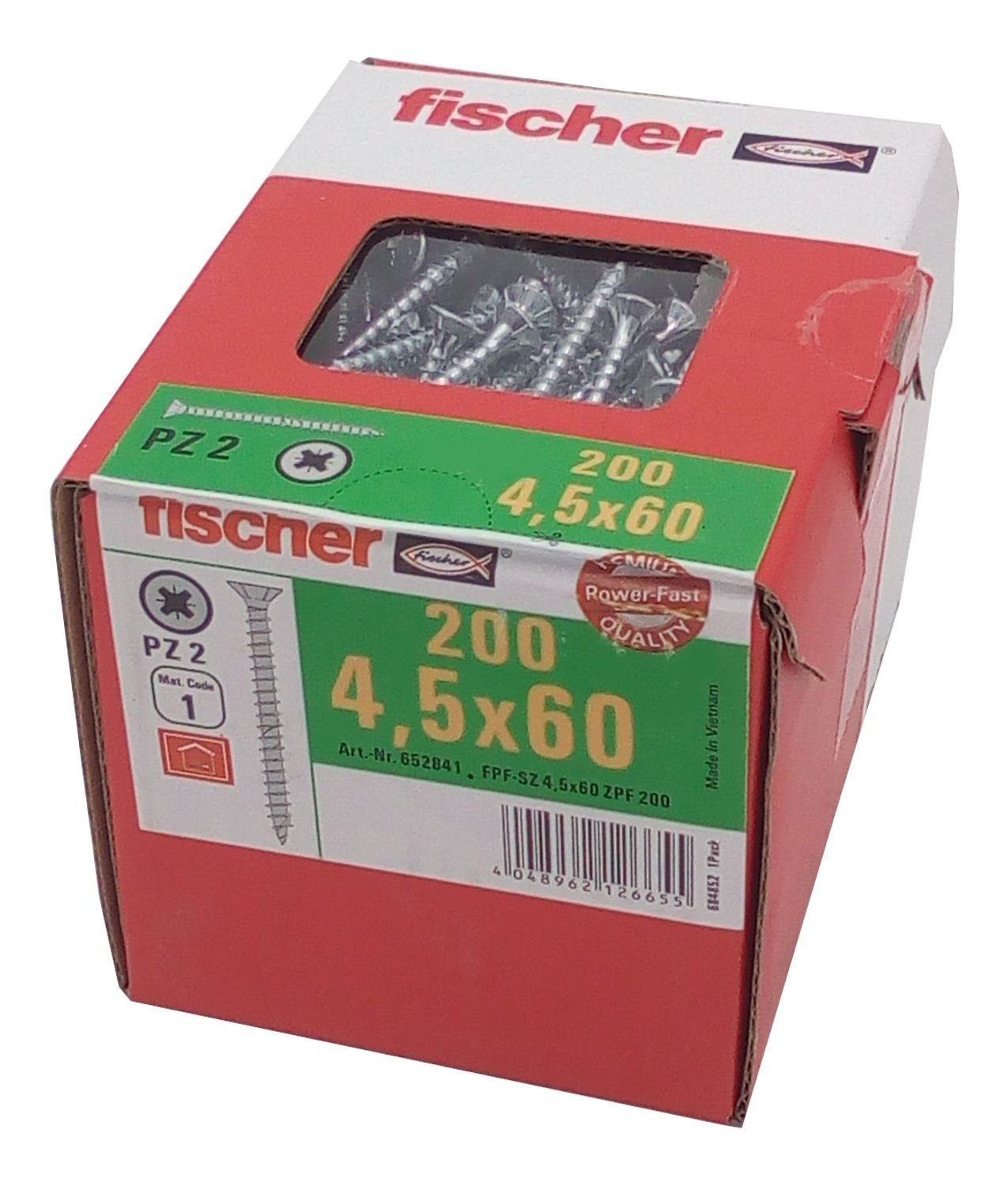 Fischer Befestigungstechnik Schraube 200x fischer Spanplattenschrauben 4,5x60 PZ2 Holzschrauben ...