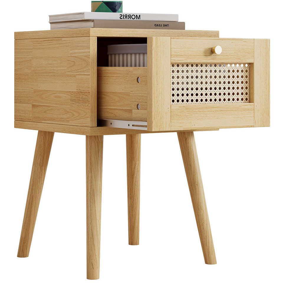 Yorbay Nachtkonsole Nachttisch Mit Rattan Schublade Und Goldenem
