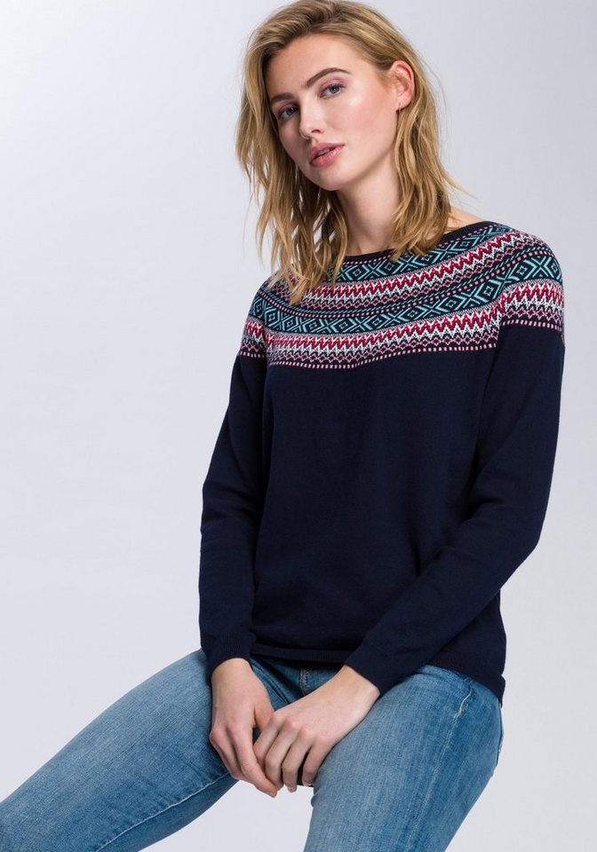 Esprit Rundhalspullover Mit Kontrastfarbenem Besatz Im Norweger Stil