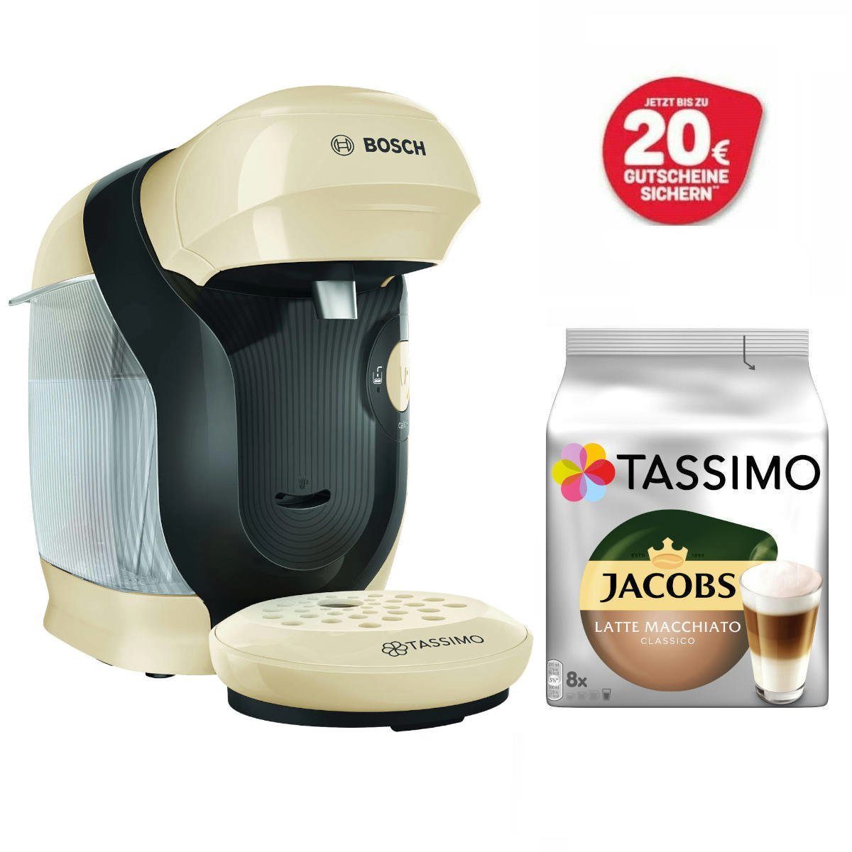 TASSIMO Kapselmaschine Style Cream +20€ Gutschein 1400 Watt +1 Packung ...