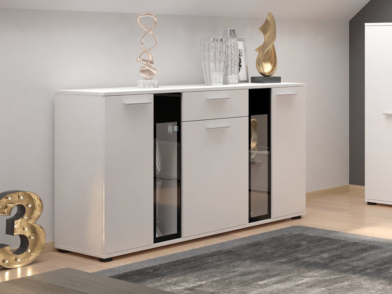 Mirjan24 Kommode Salsa Mit 3 Türen Und Schublade Mit Glasregale Led