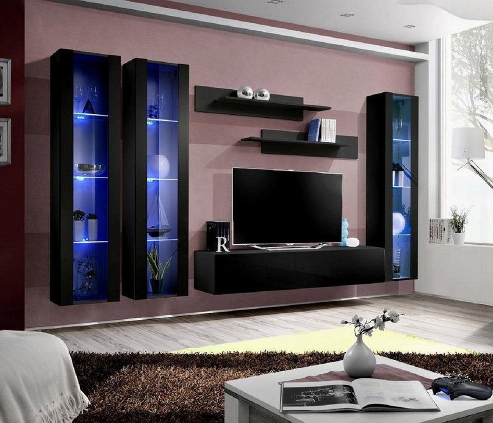 Jvmoebel Wohnzimmer Set Schwarz Wohnwand Hänge Vitrine Set 7 Tlg