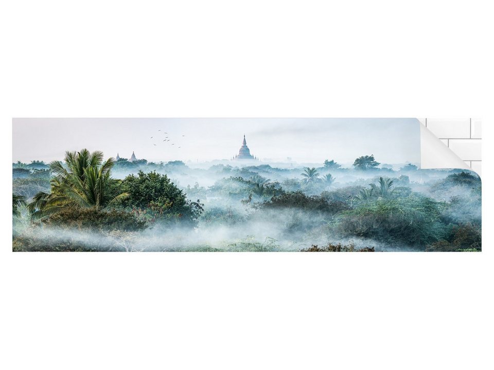 Bilderdepot24 Küchenrückwand Grün Dekor Bäume Wald Natur Skyline Nebel