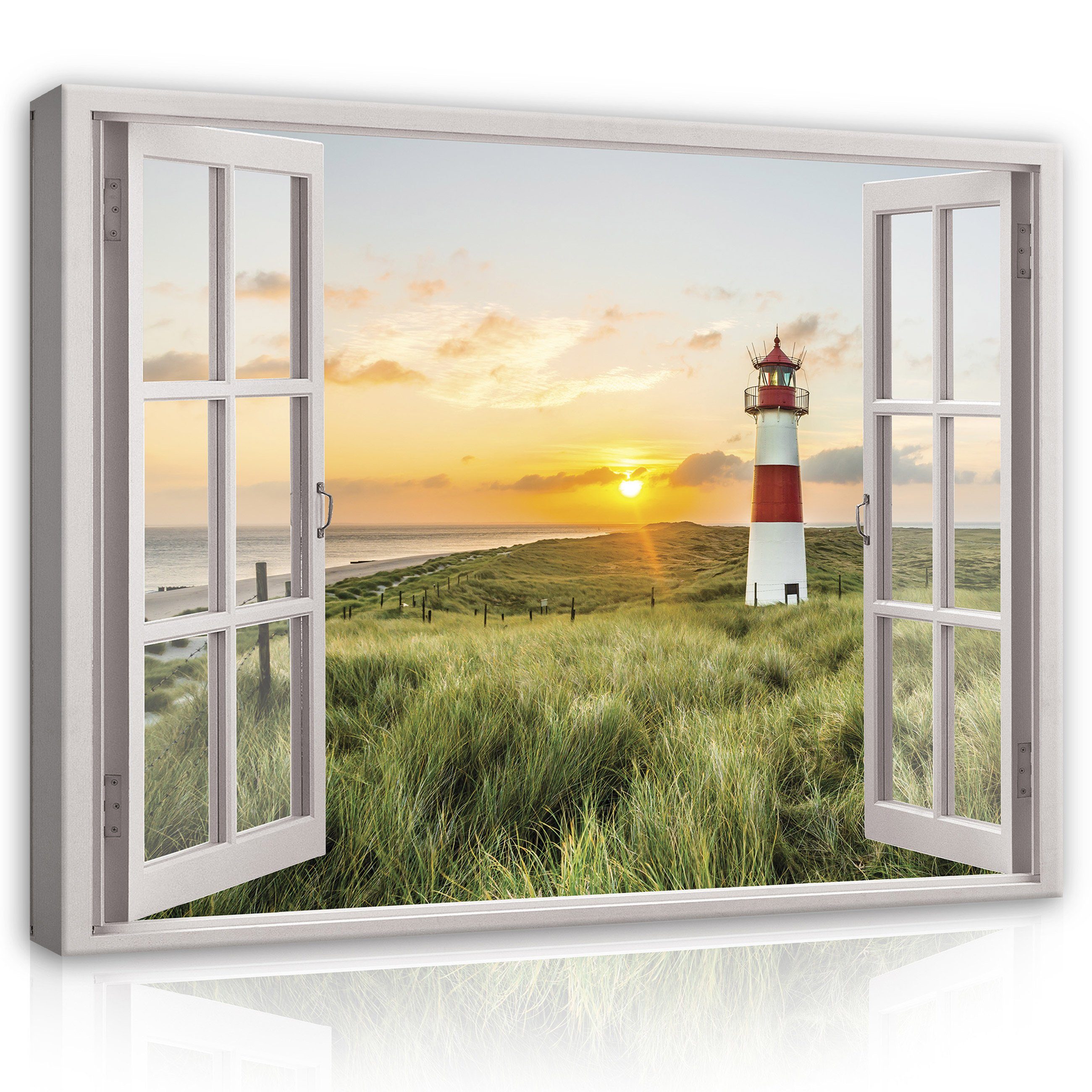 Wallarena Leinwandbild Fensterblick Natur Strand Leuchtturm Modern XXL Leinwandbilder Bilder ...