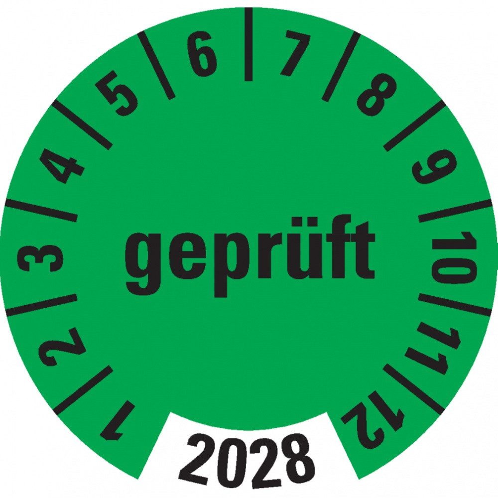 Dreifke Hinweisschild Prüfplakette geprüft 2028, grün, Dokumentenfolie, selbstklebend, Ø 30m