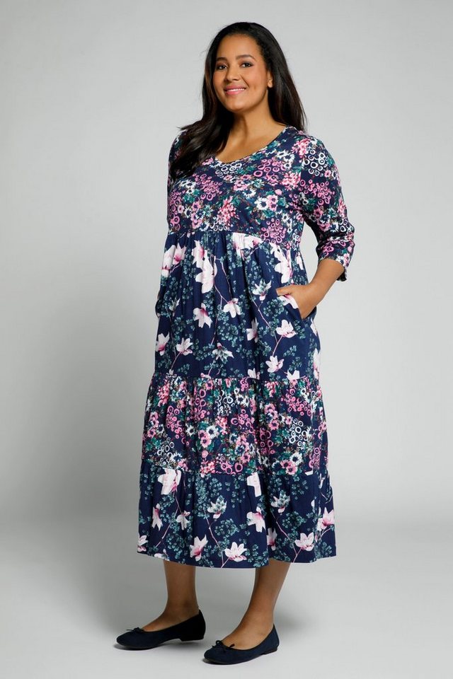 Ulla Popken Jerseykleid Maxikleid Blüten Prinzessnaht V Ausschnitt 3 4 Arm