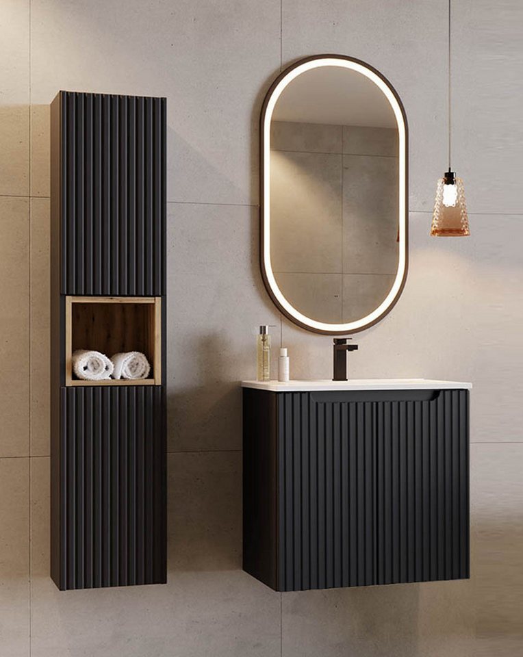 Einfachgutemoebel Waschtisch Set Bad Set Iluna Black 60cm Türen 3 Tlg