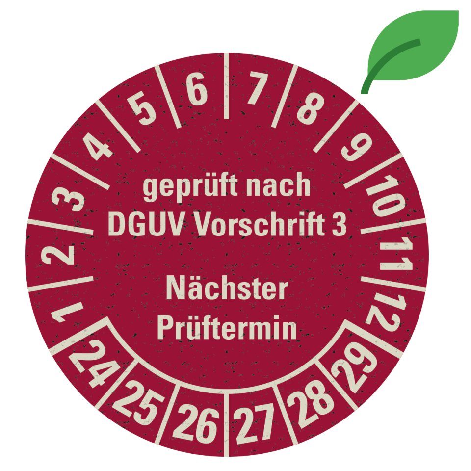 König Werbeanlagen Hinweisschild Prüfplak. gepr.DGUV Vor.3 Nä.Prüft.,24-29,rot,Graspapier,Ø 30mm ...