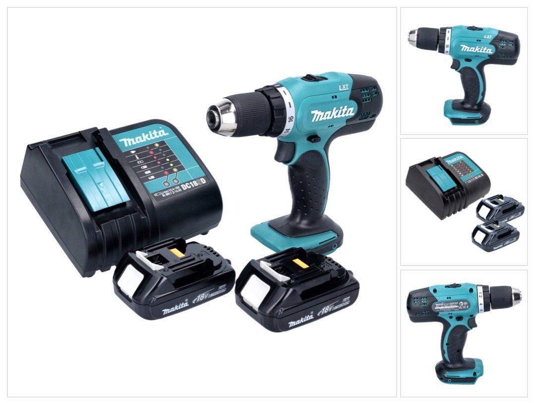 Makita Säulenbohrmaschine DDF 453 SY Akku Bohrschrauber 18 V 42 Nm + 2x Akku 1,3 Ah + Ladegerät