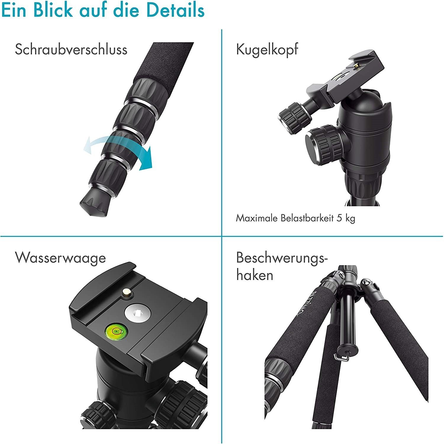 Pazzimo Dreibein-Stativ Alu Travel 146cm 3D 360° Kopf Kamerastativ ...