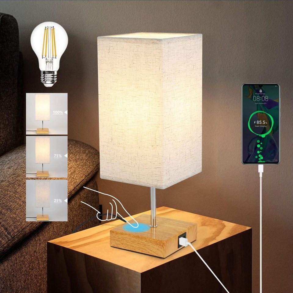 Nettlife Nachttischlampe Touch Dimmbar Stoffschirm E27 Vintage