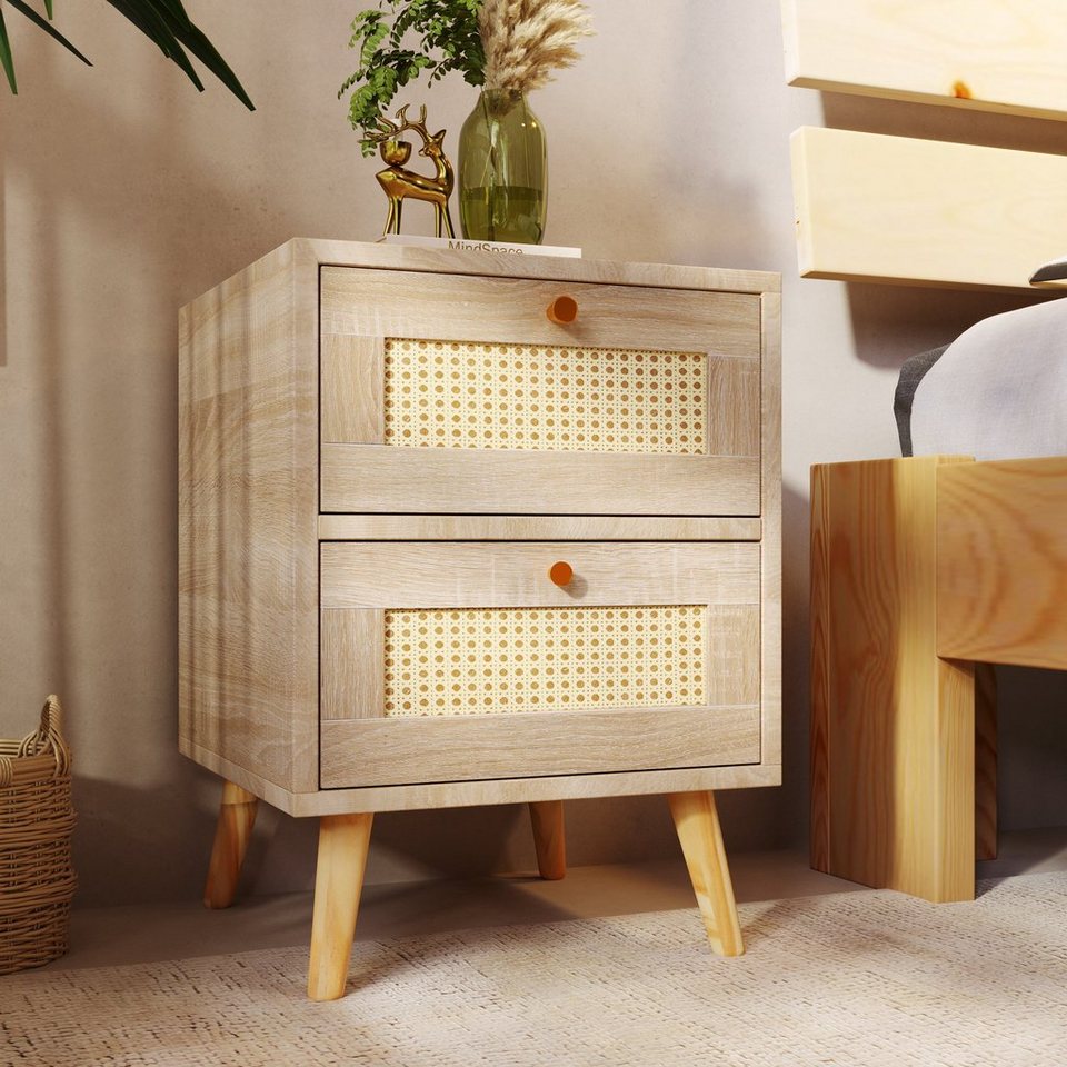 Sweiko Nachttisch Kommode Mit 2 Schubladen 1 Stück Rattan Sideboard