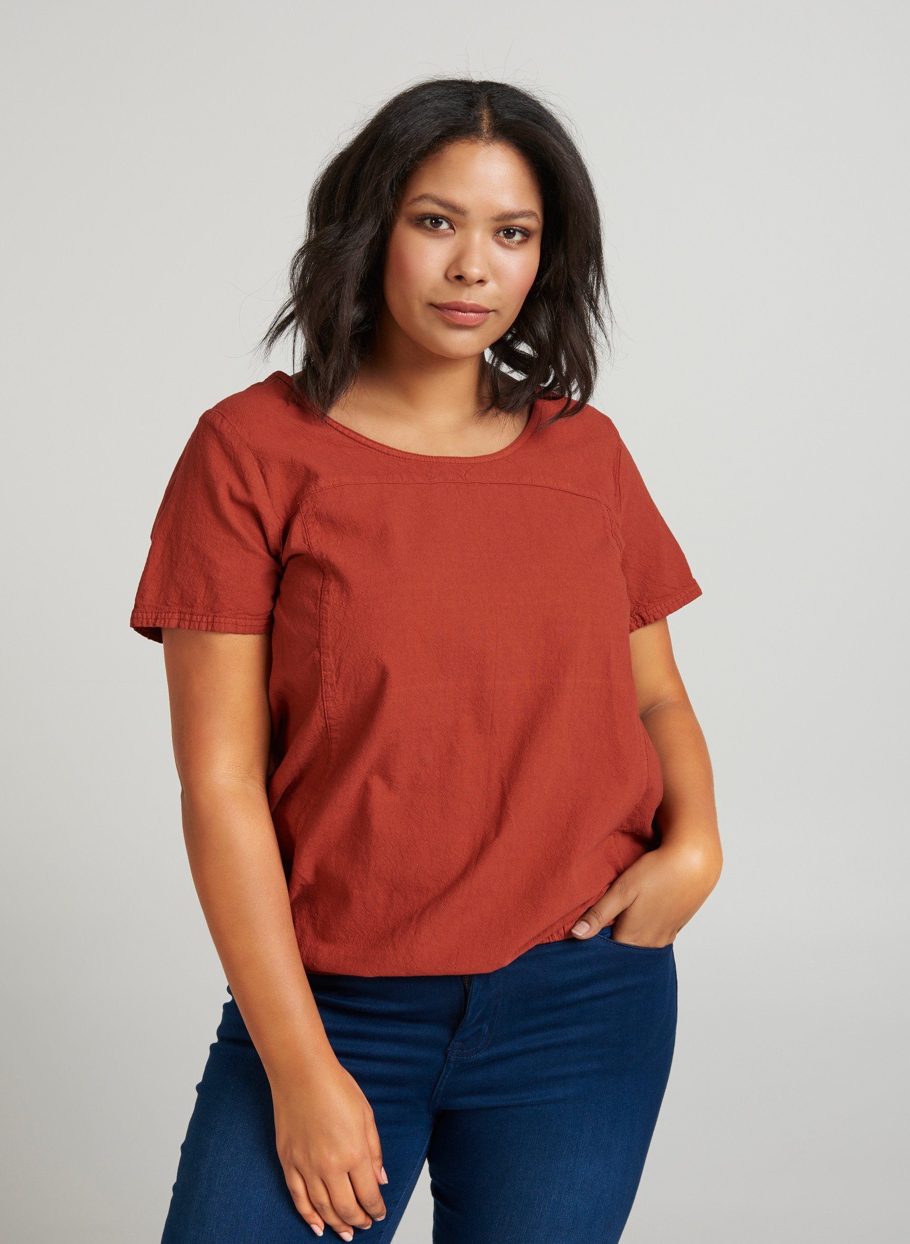 Zizzi Blusentop Damen Bluse Basic Kurzarm Rundhals Baumwolle T Shirt