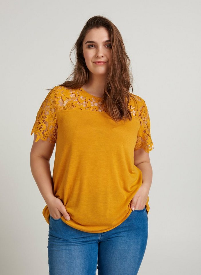 Zizzi Blusentop Damen Bluse Spitze Kurzarm Shirt Spitzenbluse Große