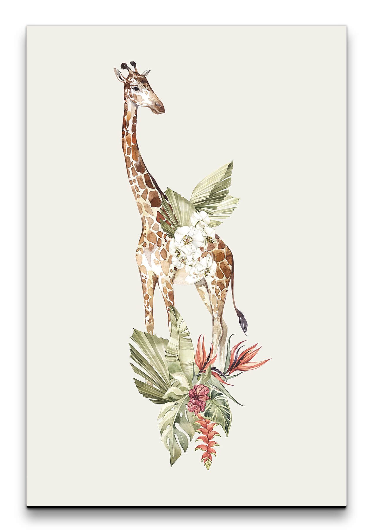 Sinus Art Leinwandbild Giraffe Afrika Blumen Blätter Savanne