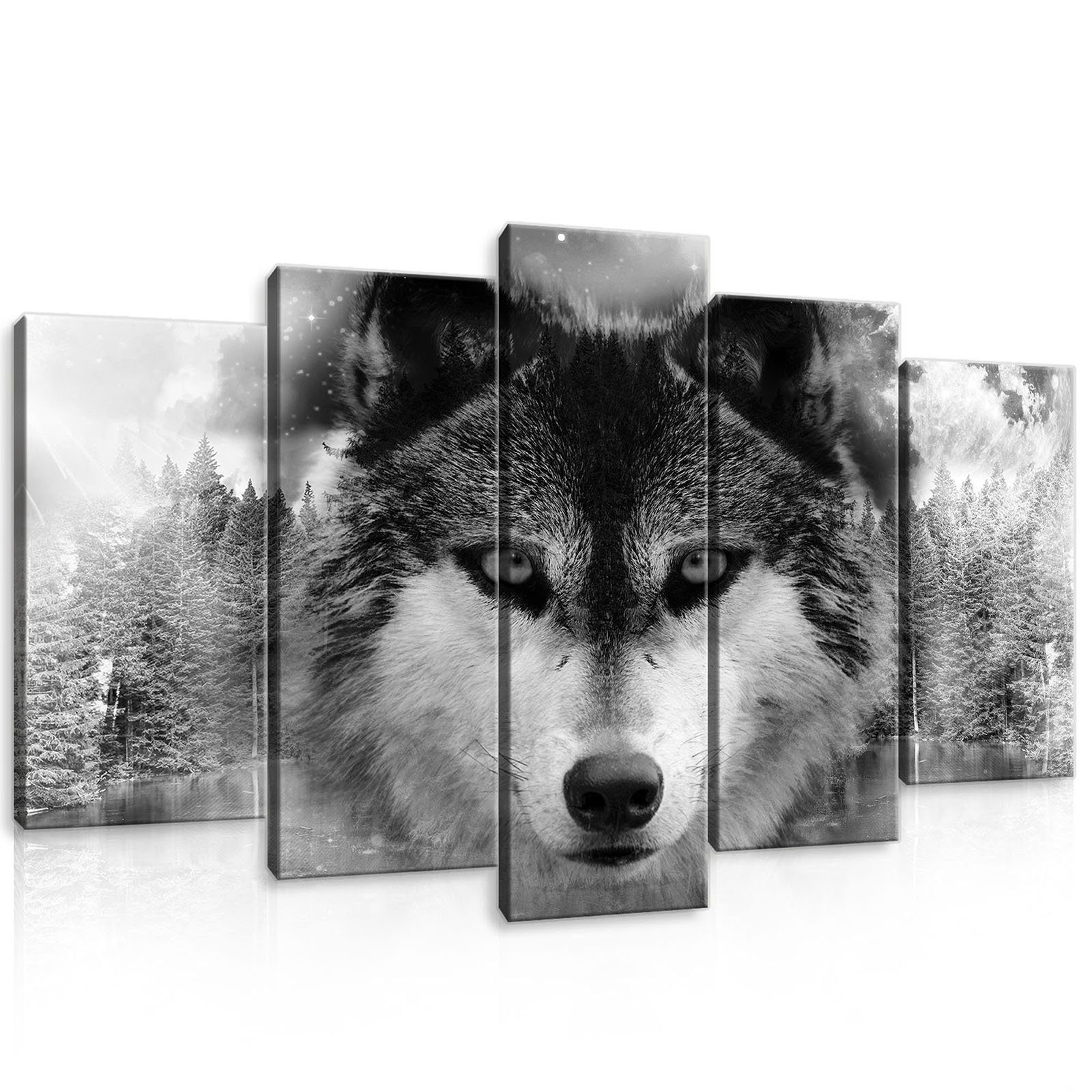 Wallarena Leinwandbild Wolf Tiere Wald Grau Set Wand Deko Xxl