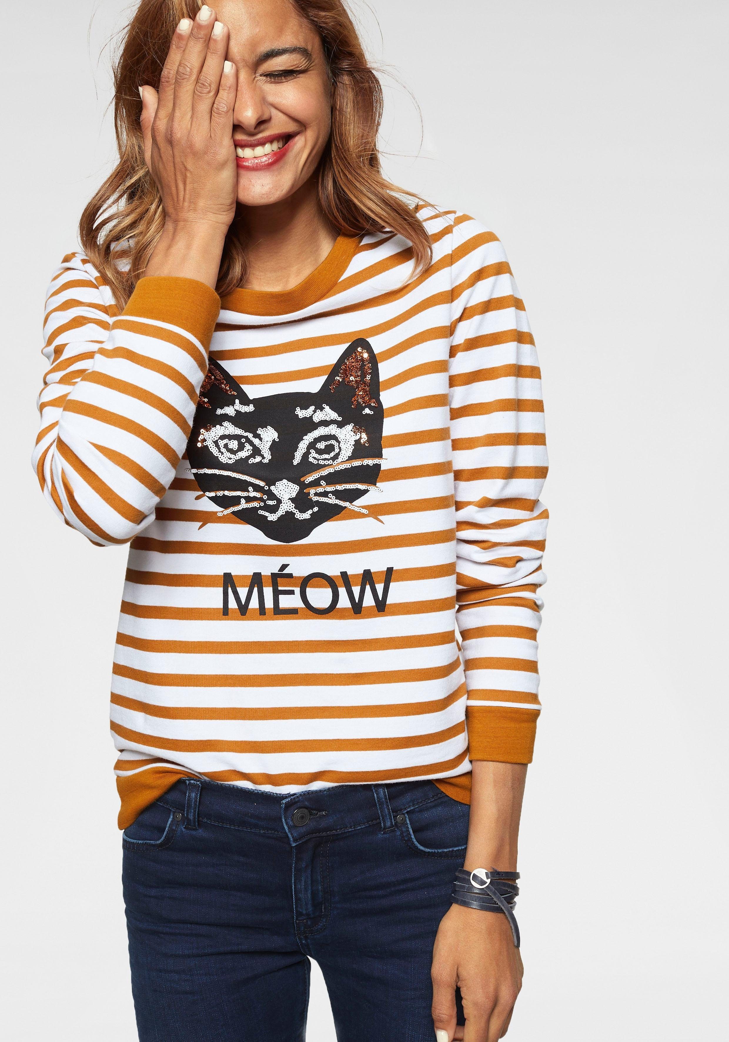 Ajc Sweatshirt Im Streifenlook Mit Großer Katzen Applikation Online