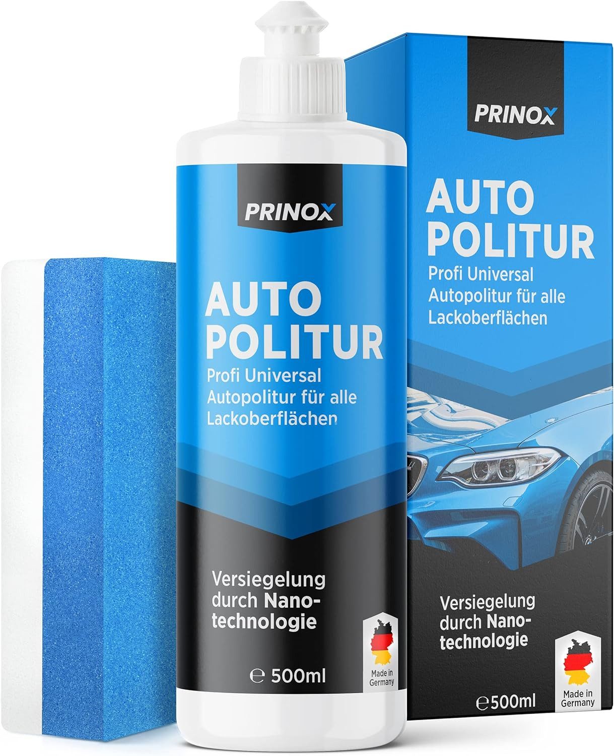 Prinox Autopolitur inkl. Polierschwamm für alle Lacke - Schwarz, Weiß Autopolitur (Buntlacke ...