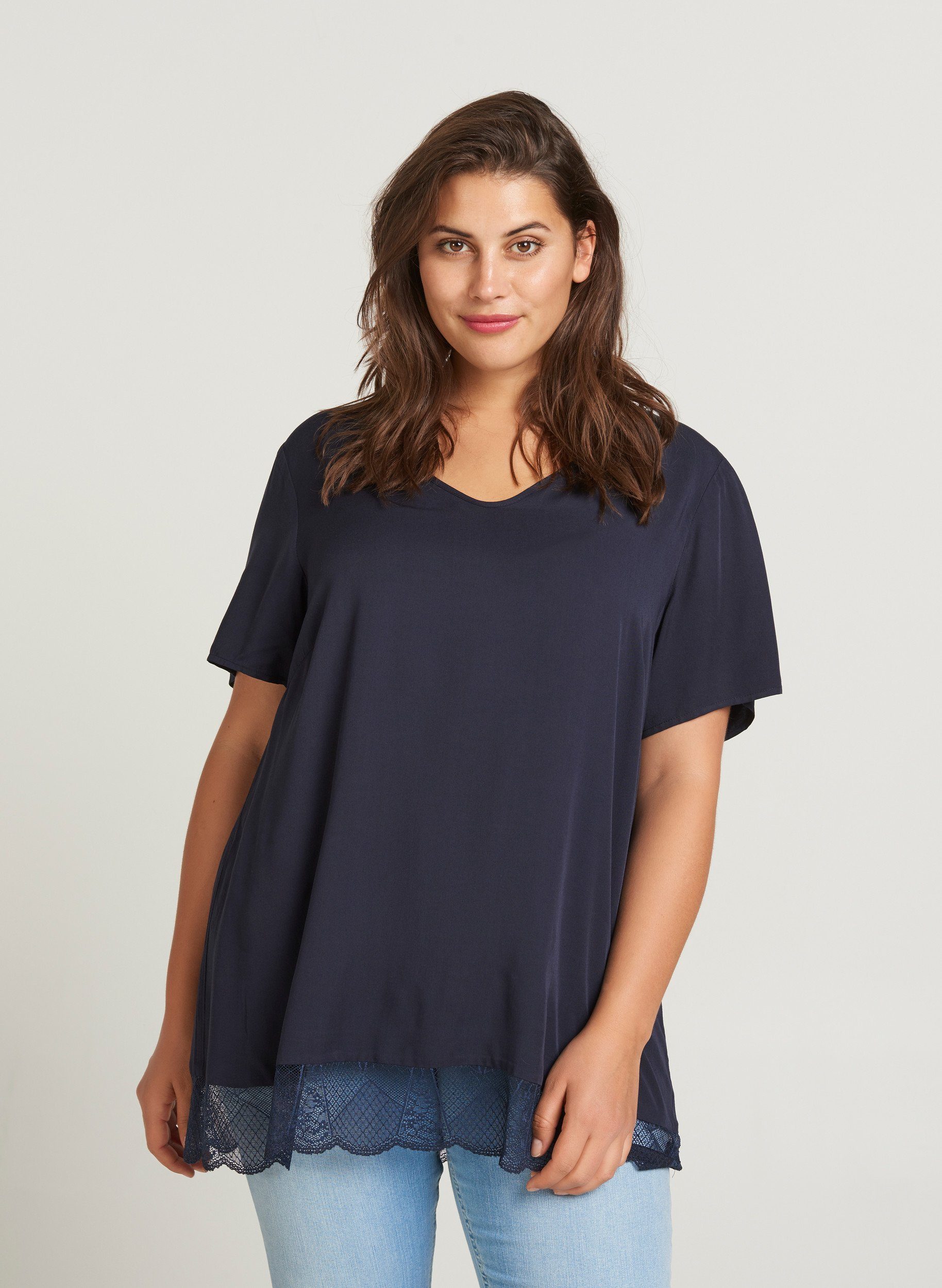 Zizzi Blusentop Damen Bluse Elegant Kurzarm Floral Spitze Spitzenbluse