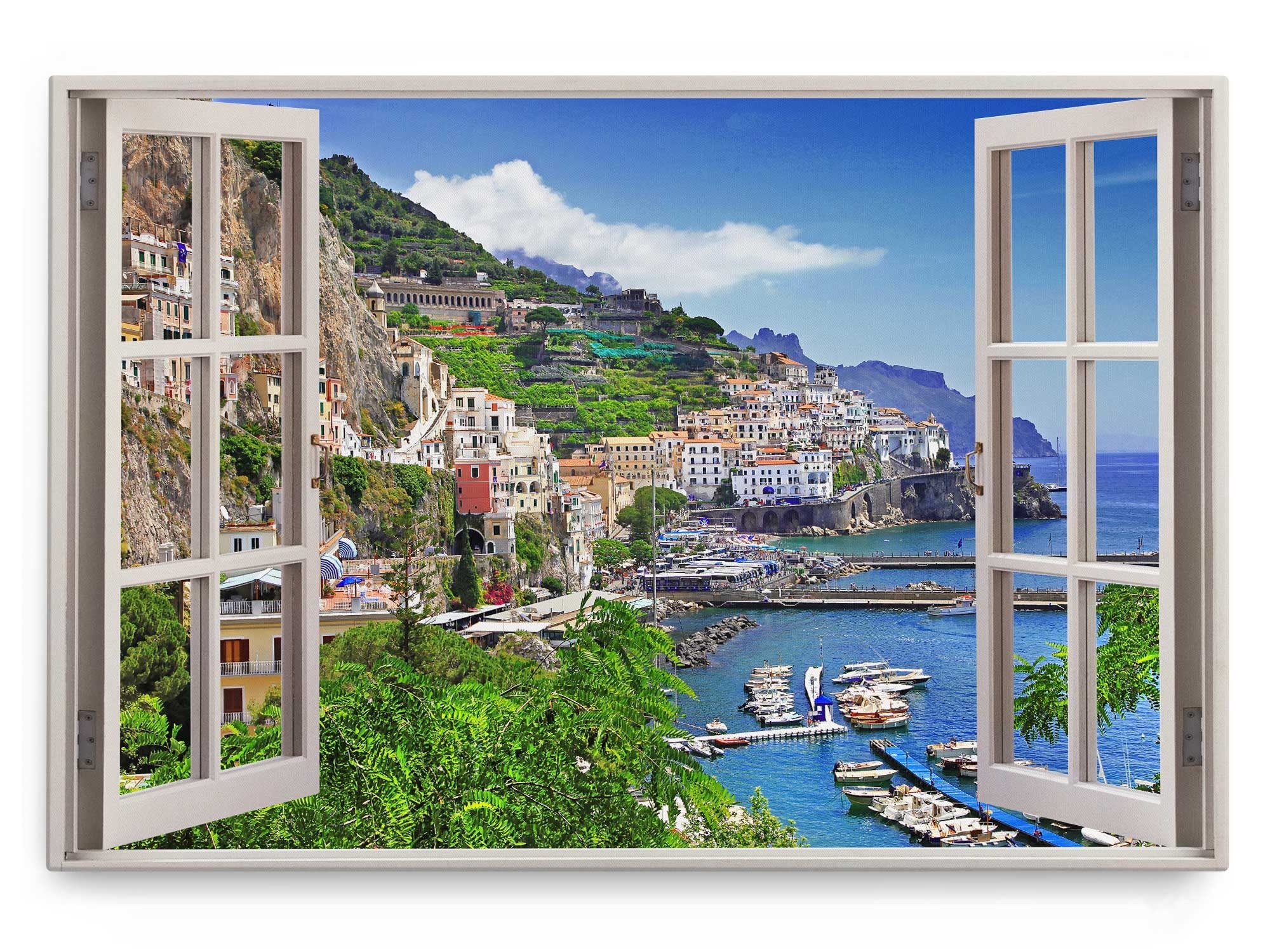 Sinus Art Leinwandbild Wandbild 120x80cm Fensterbild Amalfiküste Italien Mittelmeer Küstendor ...